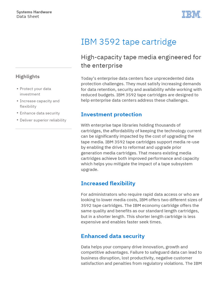 IBM 3592 Tape Cartridge Data Sheet | PDF | Computer Engineering ...