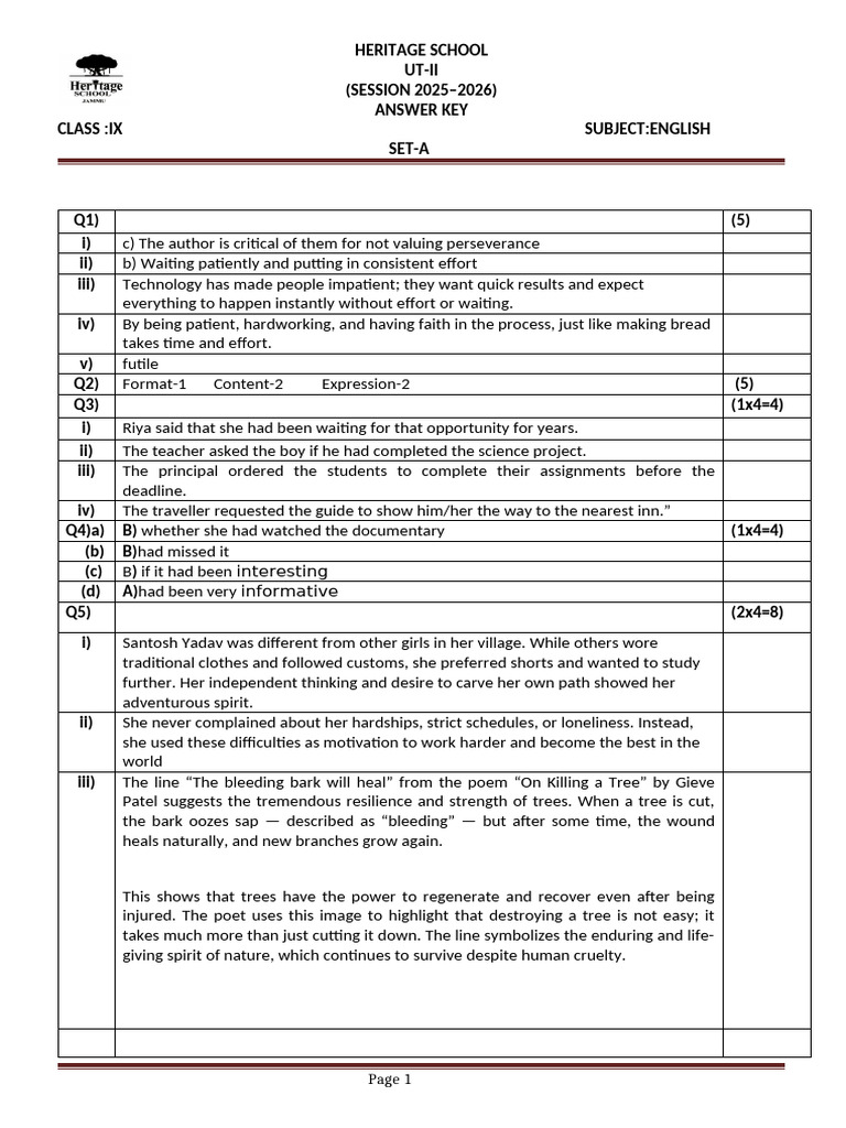 Class IX English Answer Key 2025-2026 | PDF | Trees | Courage