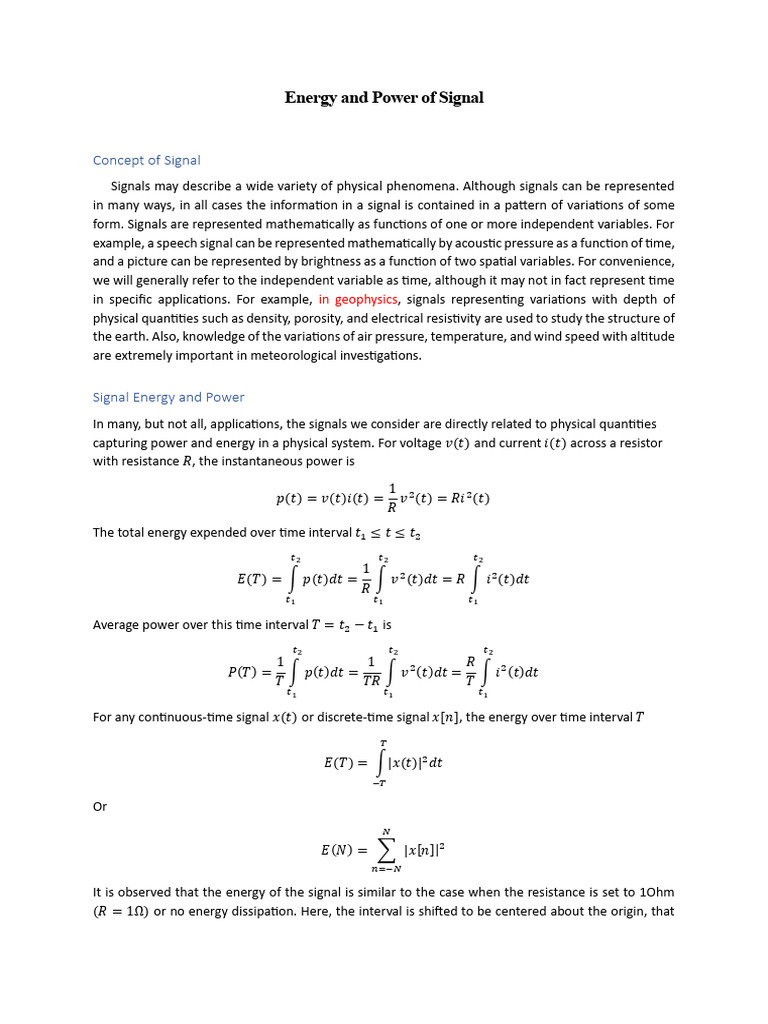 Note - 01 - Signal Energy and Power | PDF | Spectral Density | Physics
