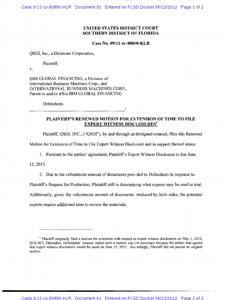 QSGI's Motion for Expert Disclosure Extension | PDF | Discovery (Law ...