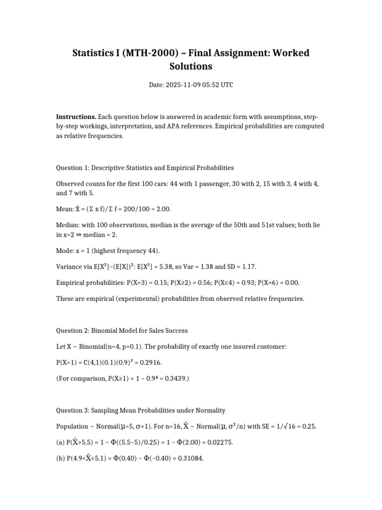 Statistics Final Assignment Worked Solutions | PDF