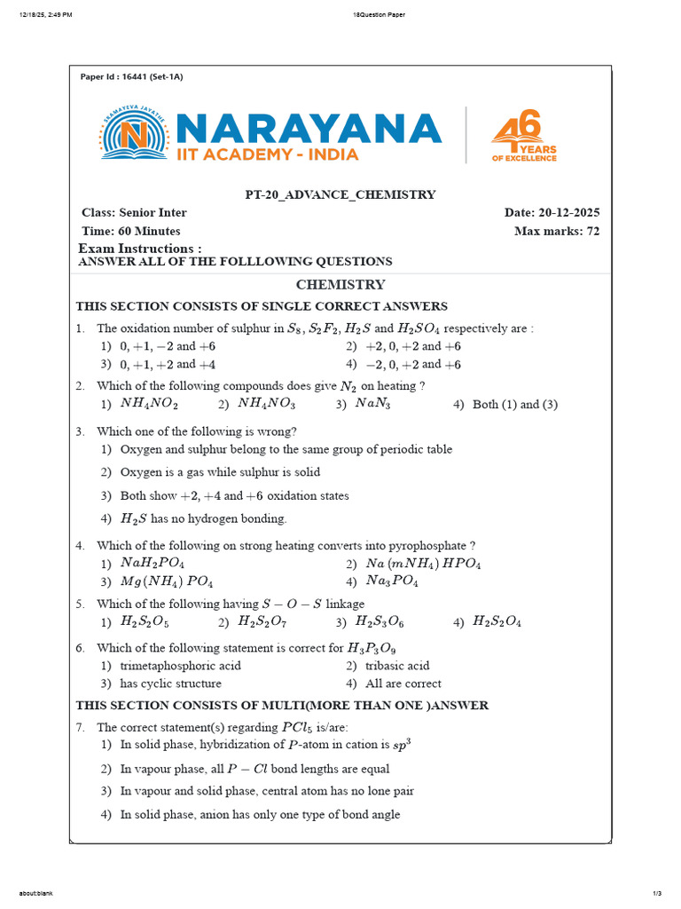 16441 Pt-20 Advance Chemistry.qp | PDF | Acid | Ion