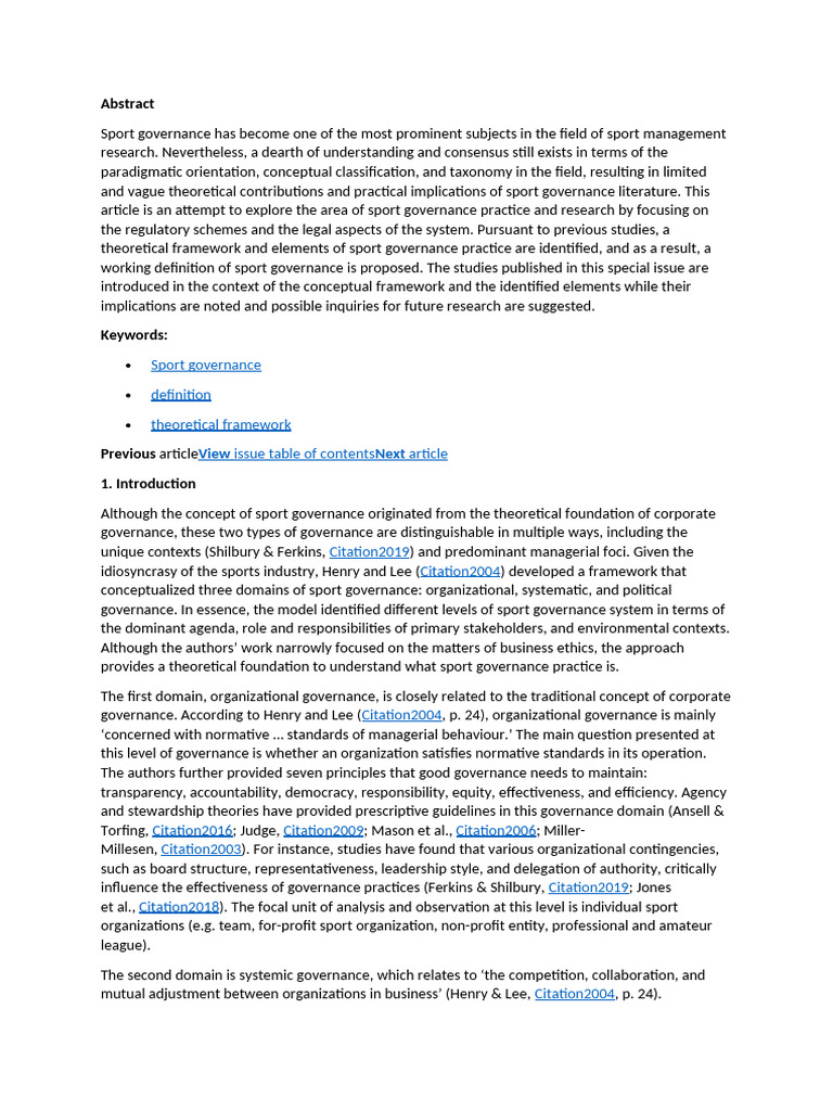 Understanding Sport Governance Frameworks | PDF | Governance | National ...