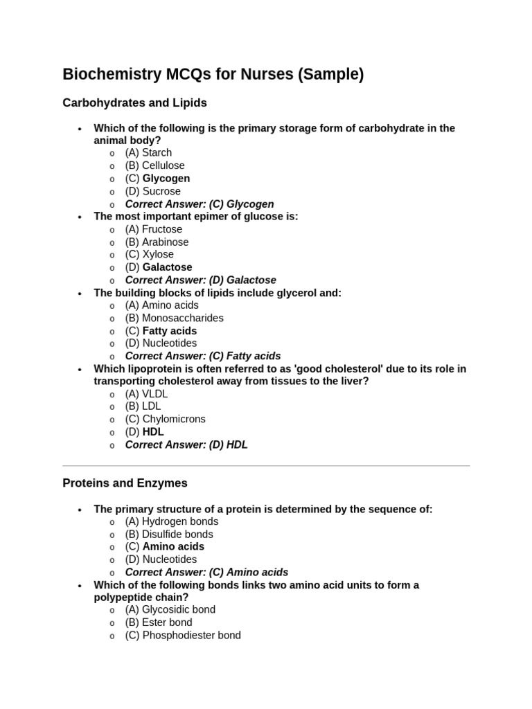 Biochemistry MCQs for Nursing Students | PDF | Carbohydrates | Metabolism