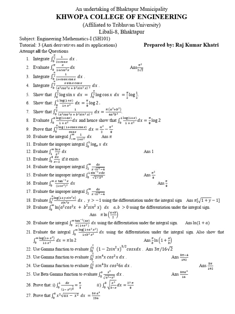 Engineering Mathematics-I: Integrals Tutorial | PDF | Chess Theory | Chess
