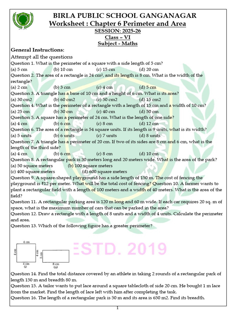 GR - VI Maths Chapter 6 Perimeter and Area | PDF | Rectangle | Length