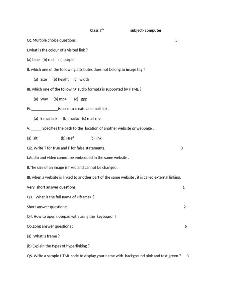 7th Grade Computer MCQs and Questions | PDF