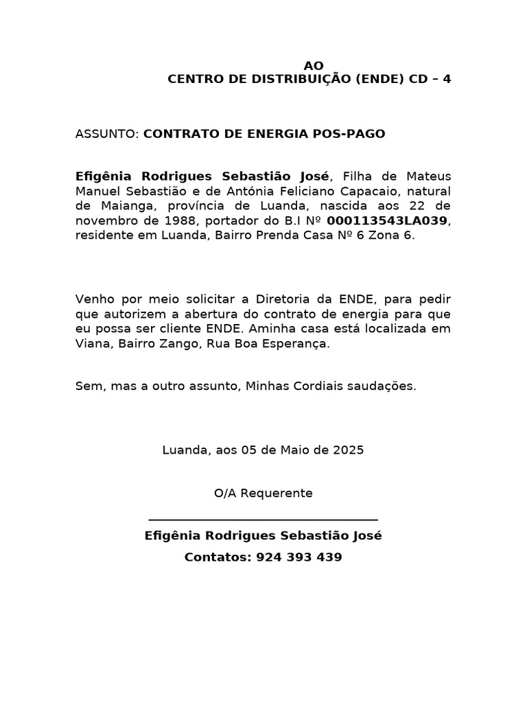 Solicitação de Contrato de Energia ENDE | PDF