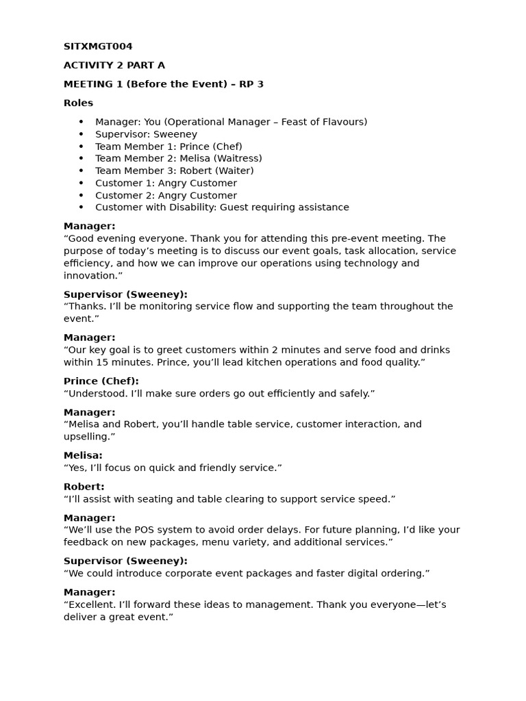 SITXMGT004 ACTIVITY 2 Role-Play | PDF