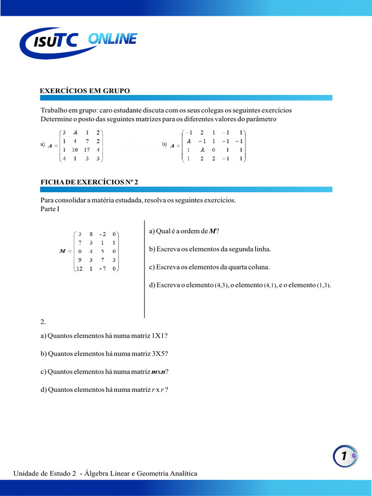 Exercícios de Álgebra Linear e Matrizes | PDF | Matriz (Matemática ...