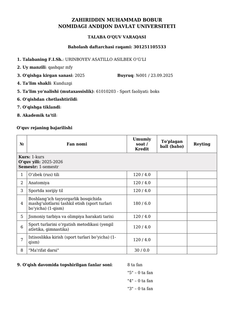 Talaba Varaqasi 301251105533 | PDF
