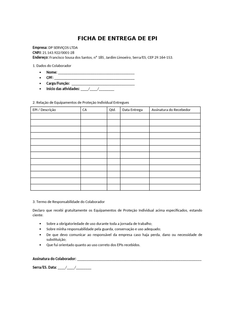 Ficha de Entrega de EPI para Colaboradores | PDF