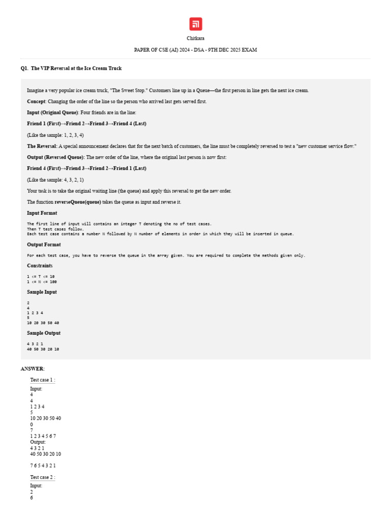CSE 2024 Exam Prep: DSA Problems | PDF | Queue (Abstract Data Type) | Bracket