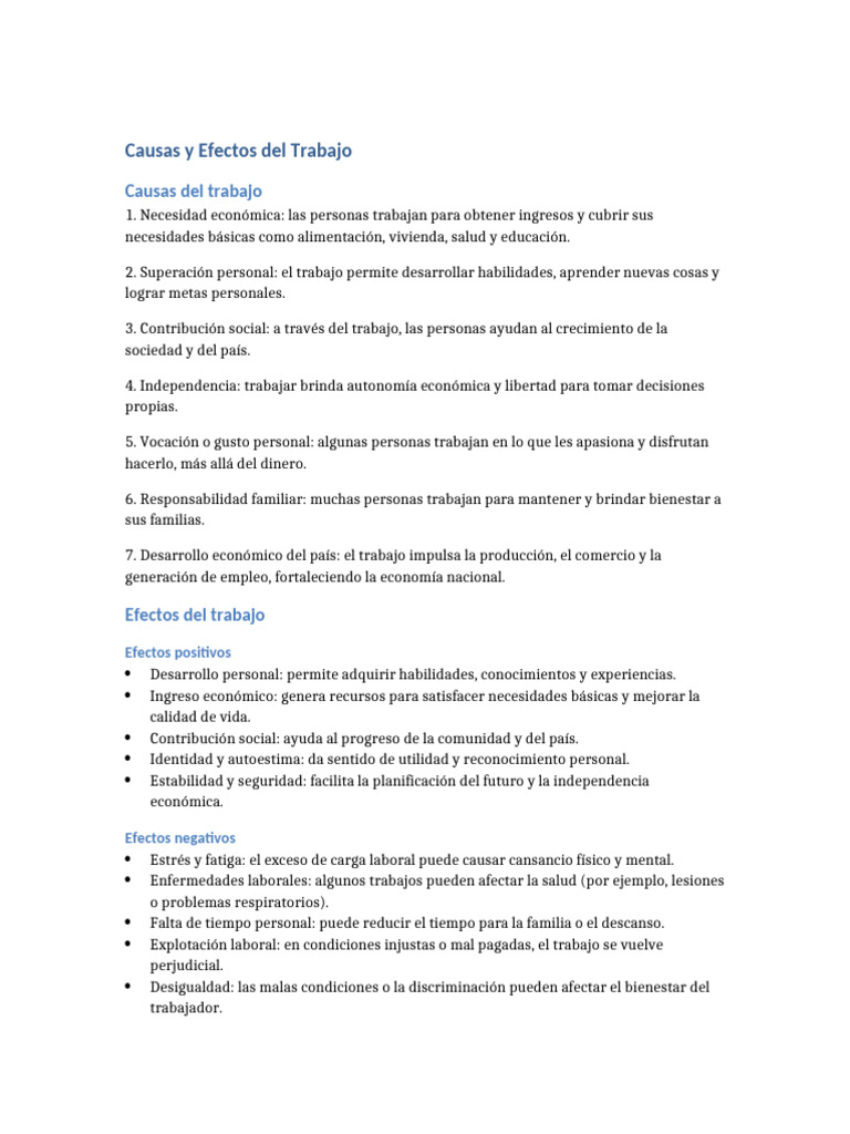 Causas y Efectos del Trabajo en la Vida | PDF