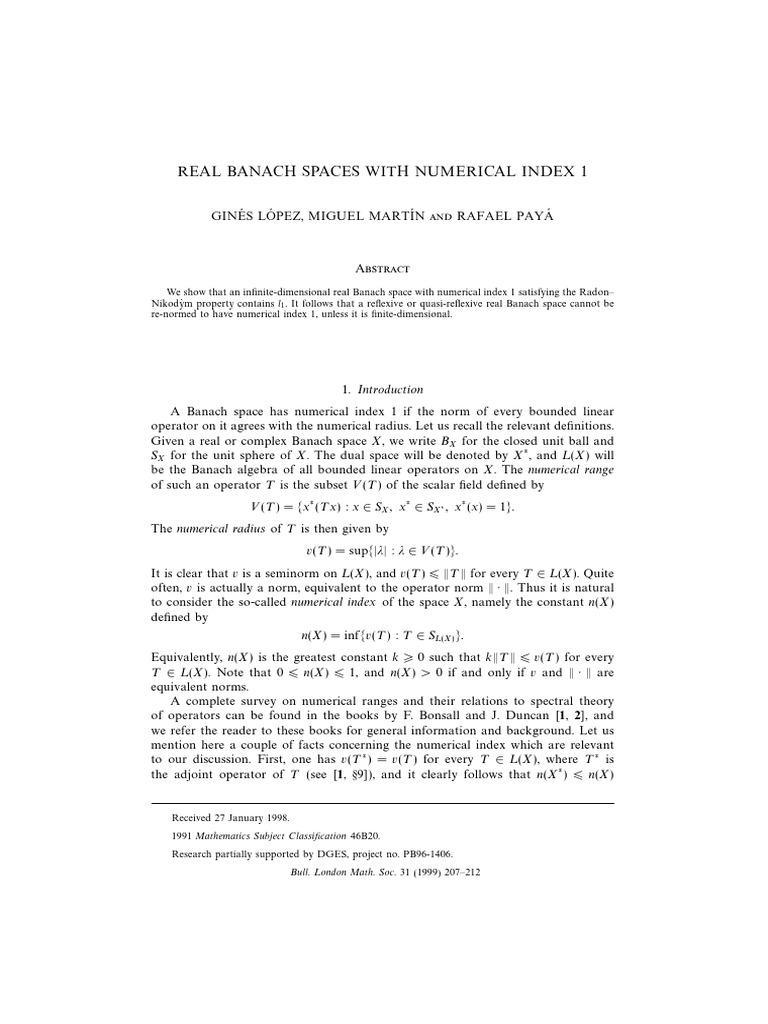 Real Banach Spaces with Numerical Index 1 | PDF | Banach Space | Norm ...