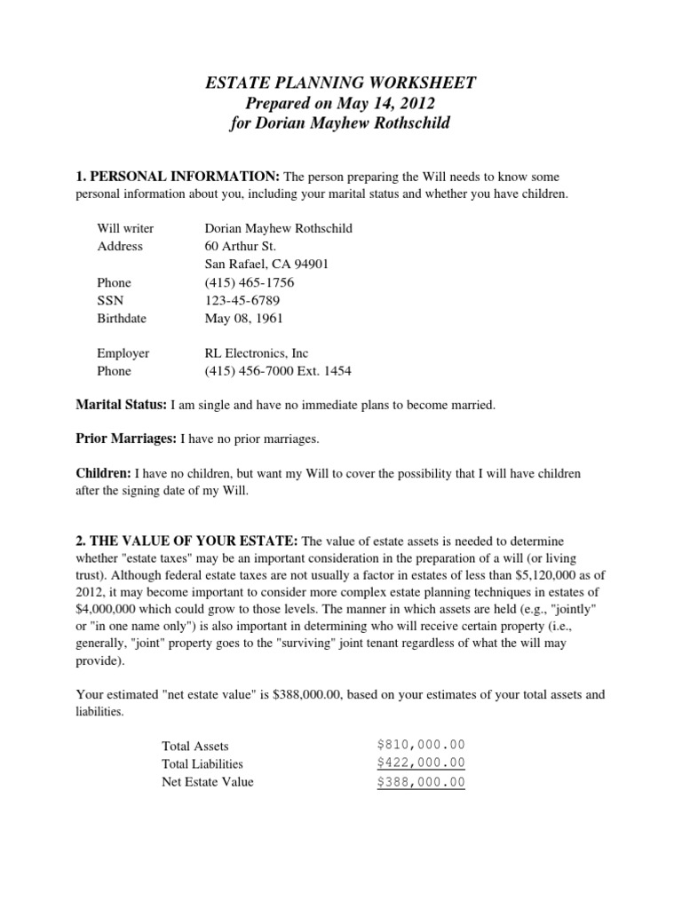 Estate Planning Worksheet For Single People | PDF | Estate Planning ...