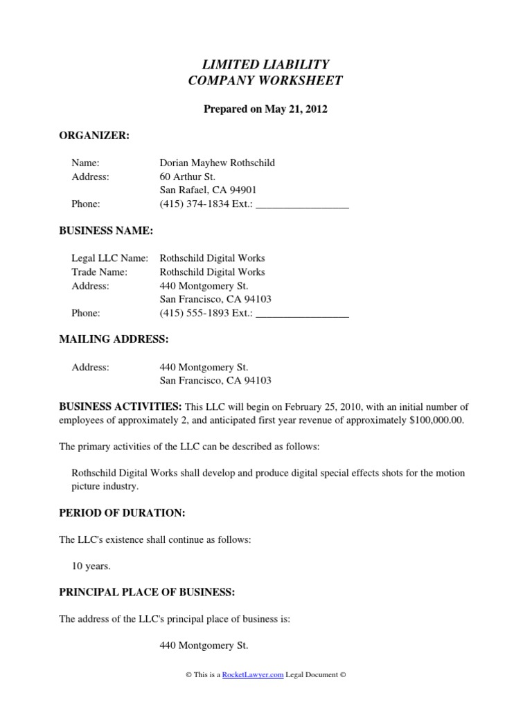 Limited Liability Company Worksheet | PDF | Limited Liability Company | Government