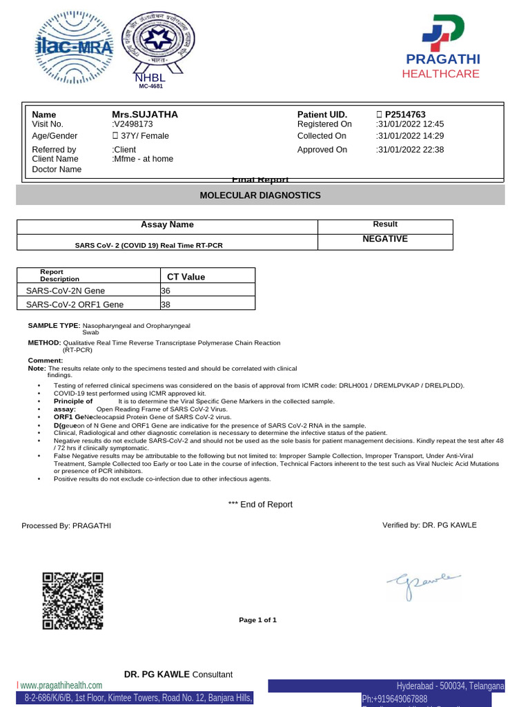 COVID-19 RT-PCR Test Result Report | PDF | Reverse Transcription ...