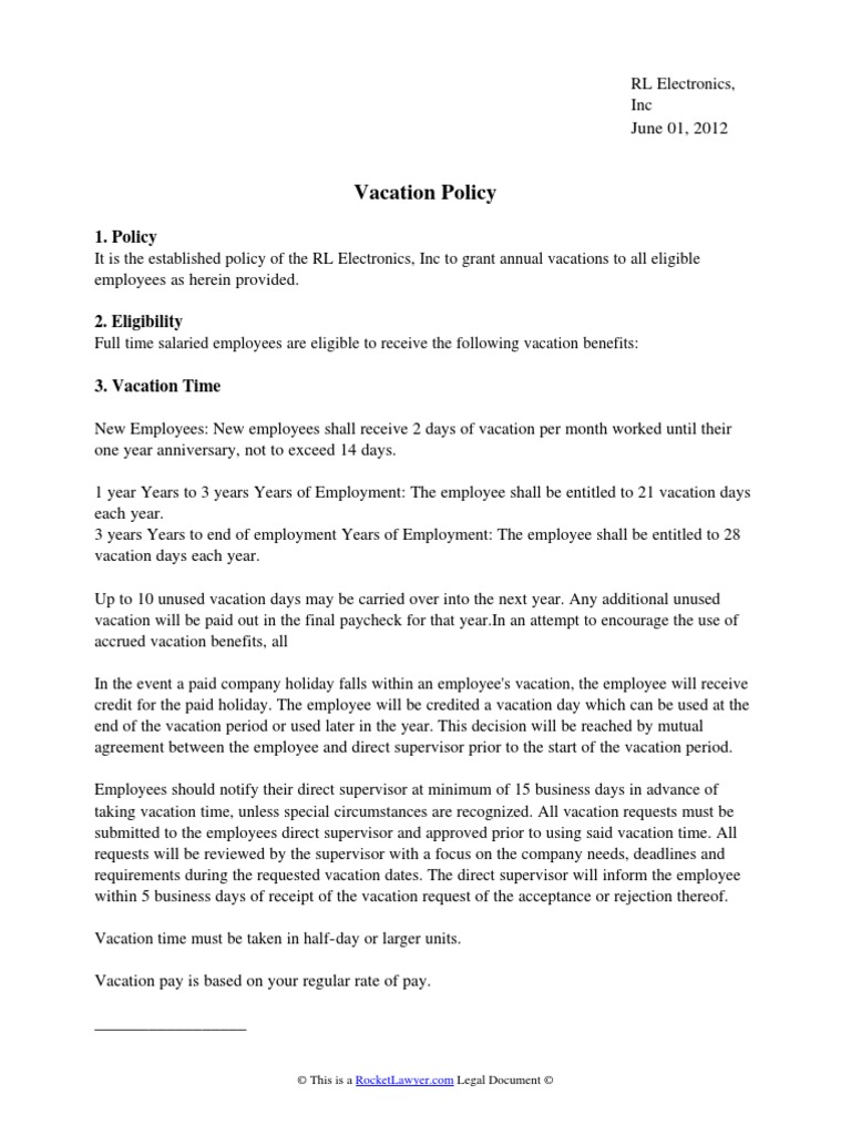 Vacation Policy | PDF | Vacation | Annual Leave