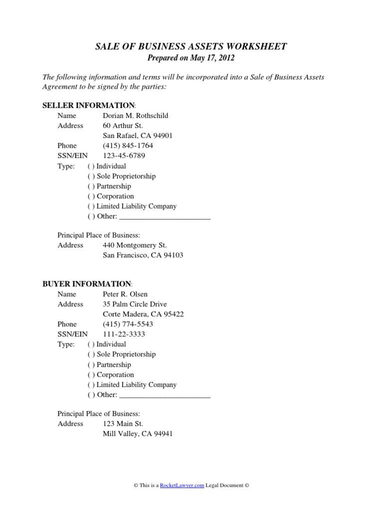 Sale of Business Assets Worksheet | PDF | Sales | Option (Finance)