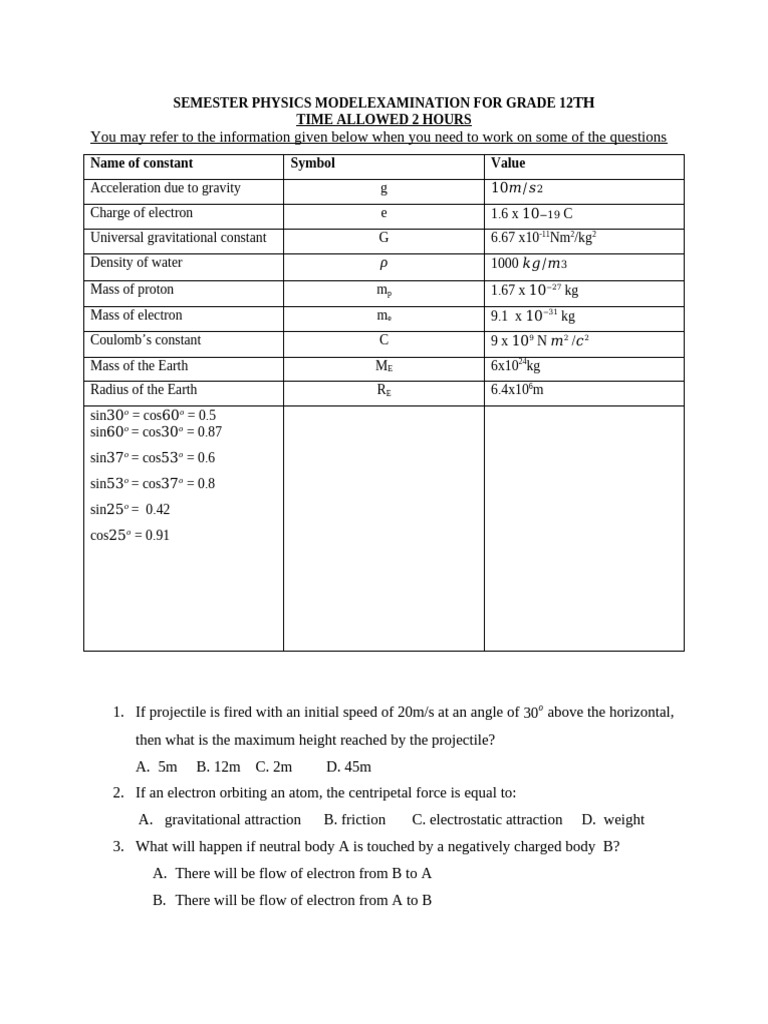 PHYSICS Model Exam For Grade12 | PDF | Force | Inductor
