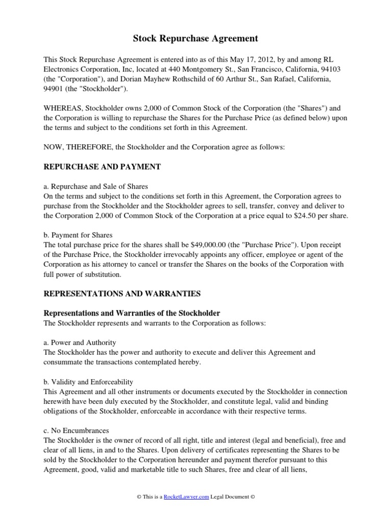Stock Repurchase Agreement | Contractual Term | Lien | Free 30-day ...