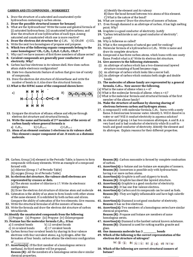 Carbon Compounds Worksheet Guide | PDF | Carbon | Chemical Bond