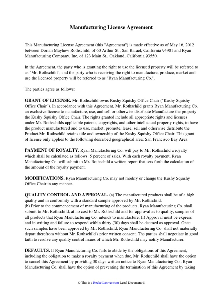 Manufacturing License Agreement | PDF | Indemnity | Royalty Payment