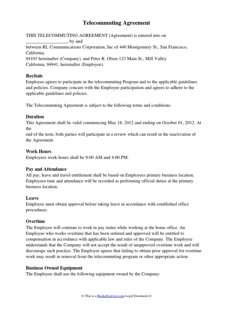 Telecommuting Agreement | PDF | Overtime | Employment