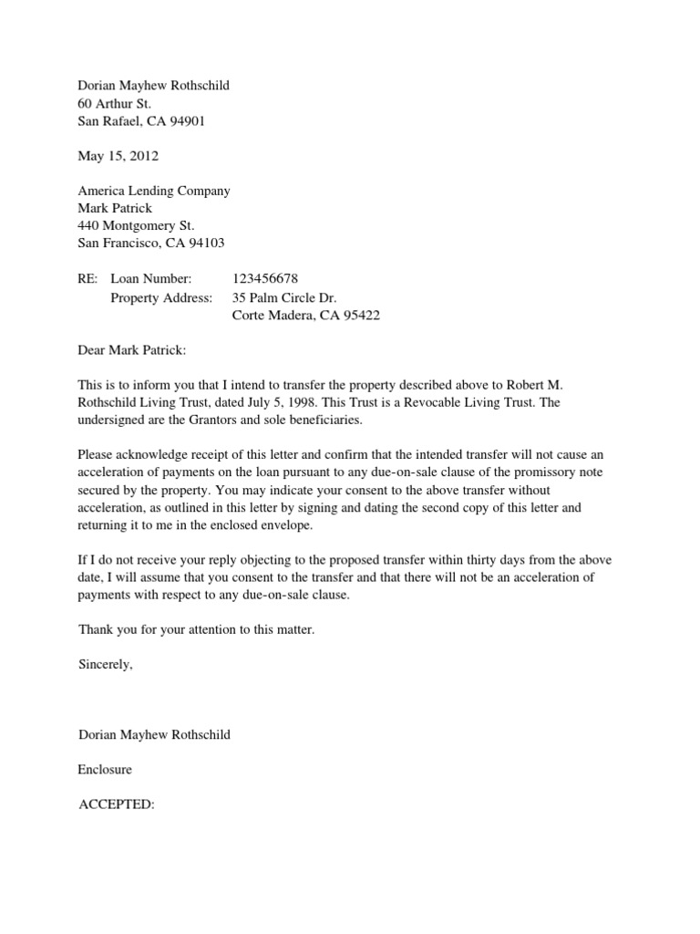 Trust Letter to Mortgage Lender