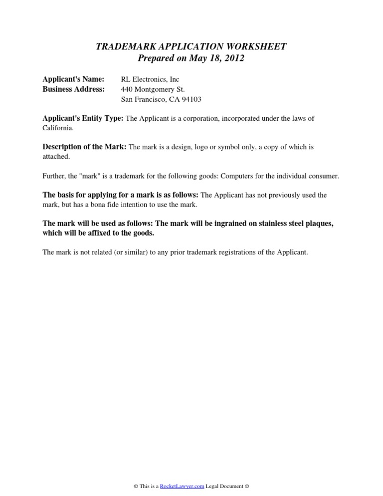 Trademark Application Worksheet | PDF