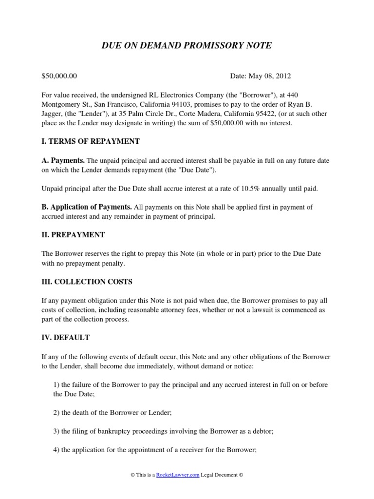 Promissory Note Due On Demand | PDF | Loans | Promissory Note