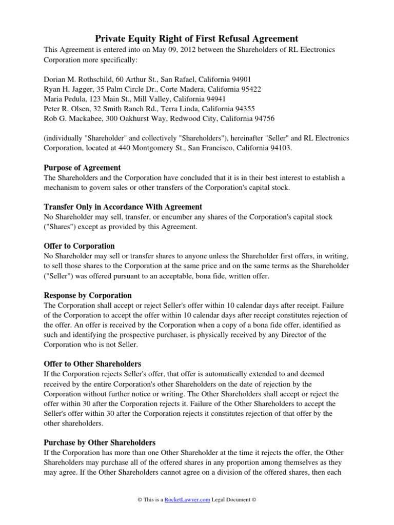 Private Equity Right of First Refusal Agreement | PDF | Stocks ...