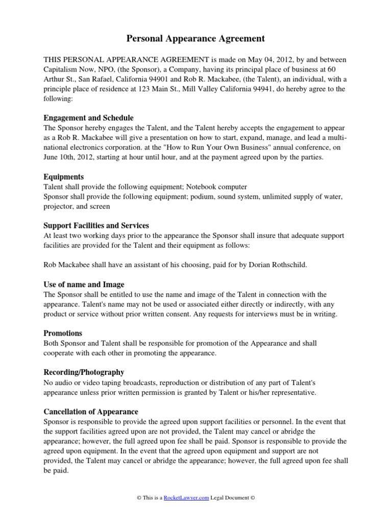 Personal Appearance Agreement | Fee | Attorney's Fee