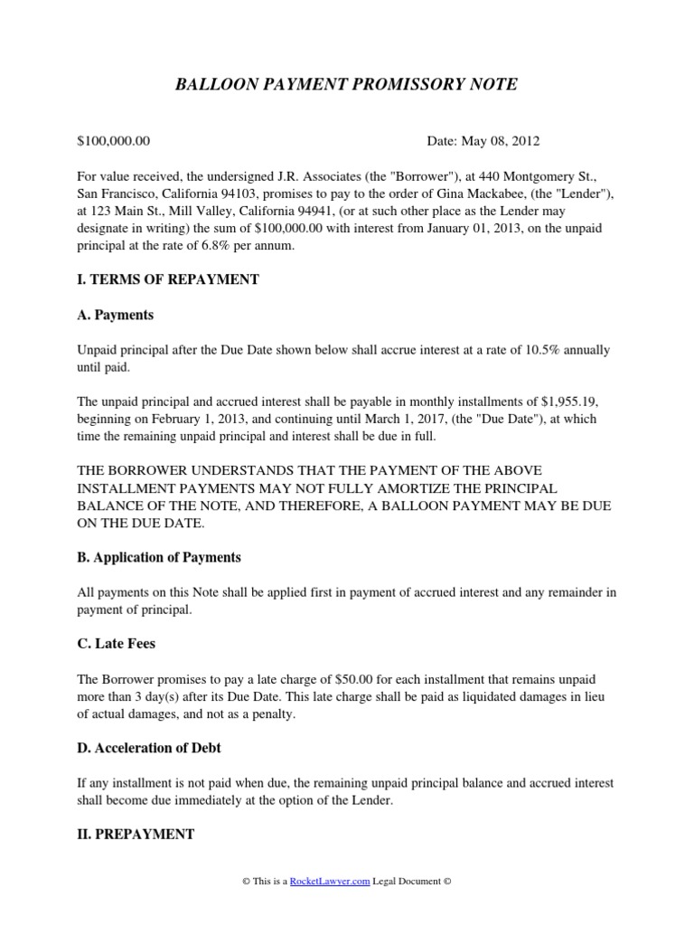 Promissory Note With Balloon Payments | PDF | Promissory Note | Debtor