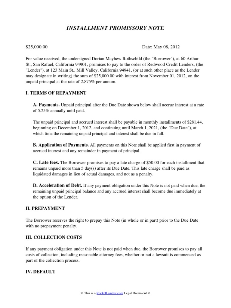 Promissory Note With Installment Payments | Debtor | Loans
