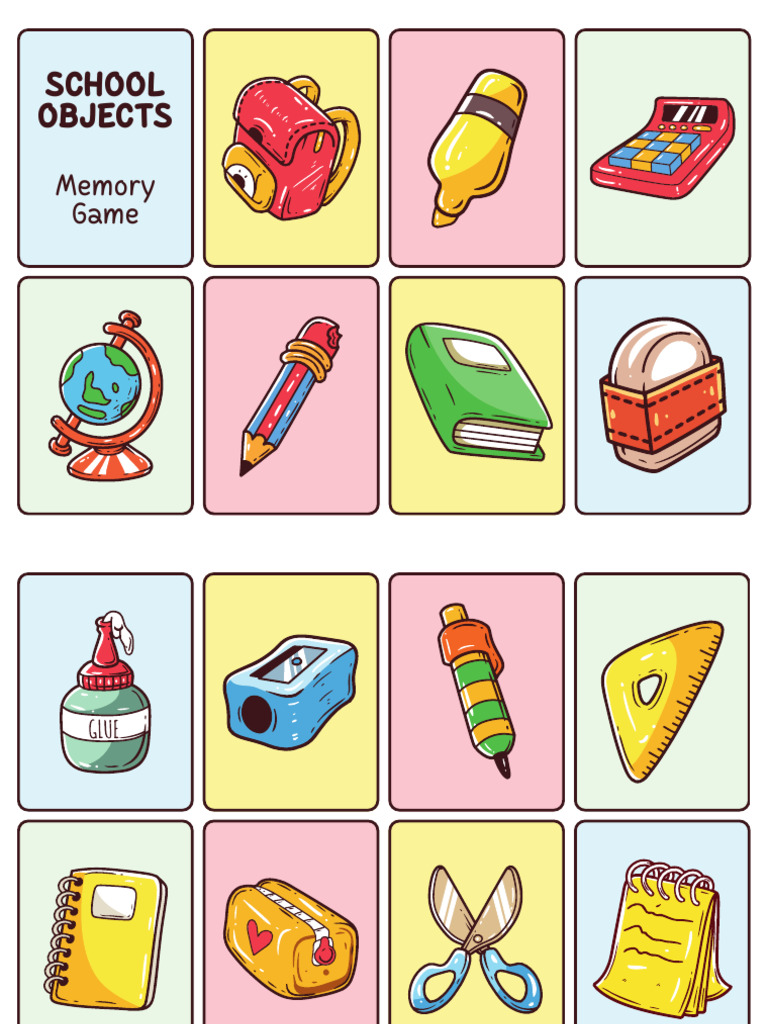 Colorful School Objects Memory Game Flashcards | PDF