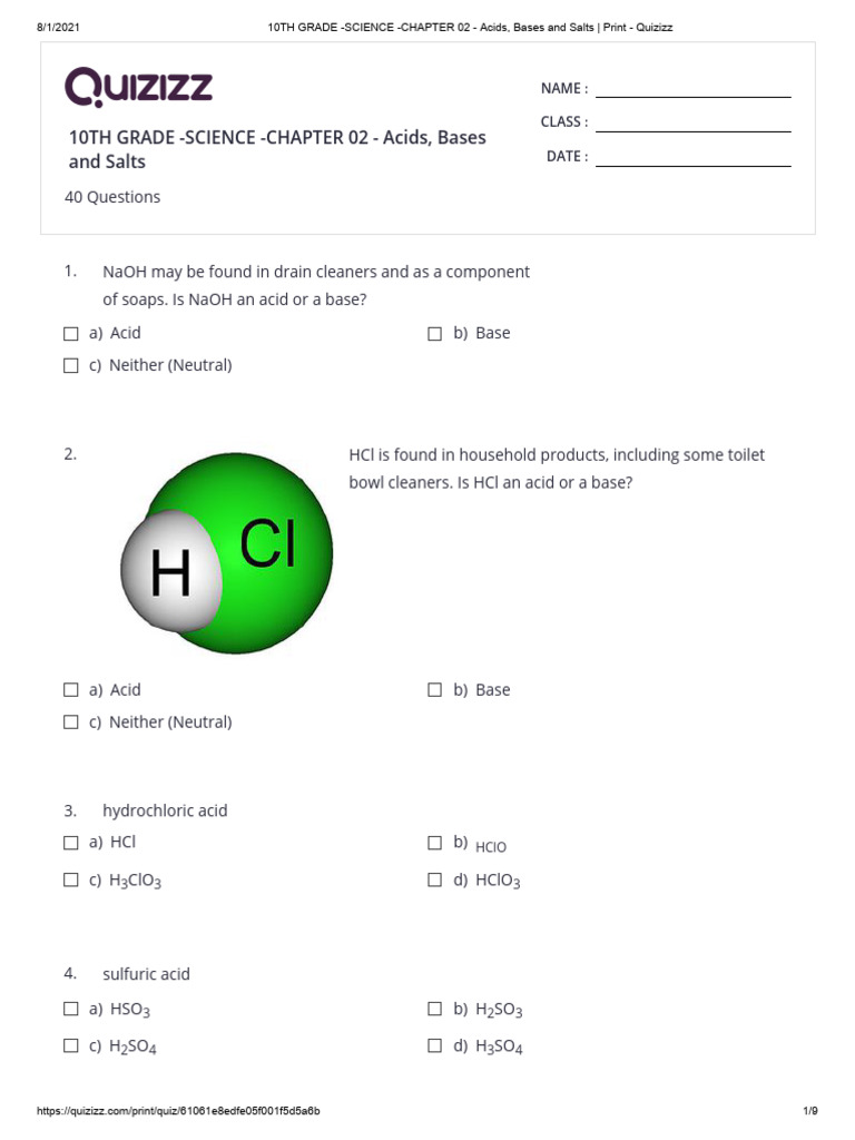 10th Grade Science: Acids, Bases Quiz | PDF | Acid | Sulfate