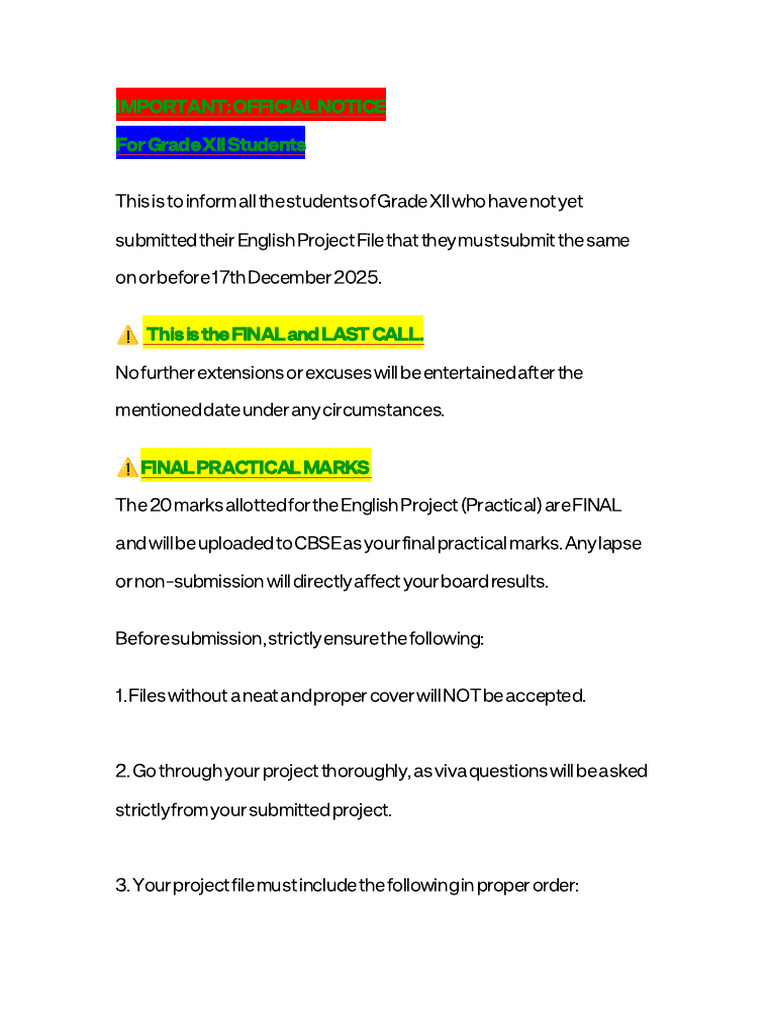 Grade XII English Project Submission Notice | PDF