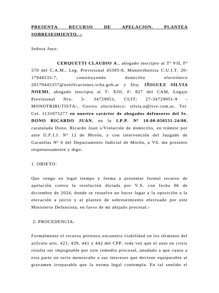 Presenta Recurso de Apelacion Sobre Deneg Sobreseimiento. | PDF ...