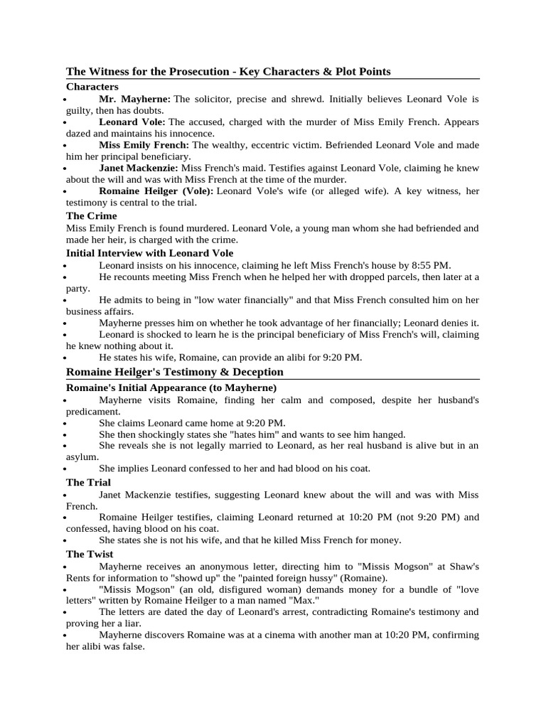 The Witness for the Prosecution Notes | PDF | Witness | Criminal Law