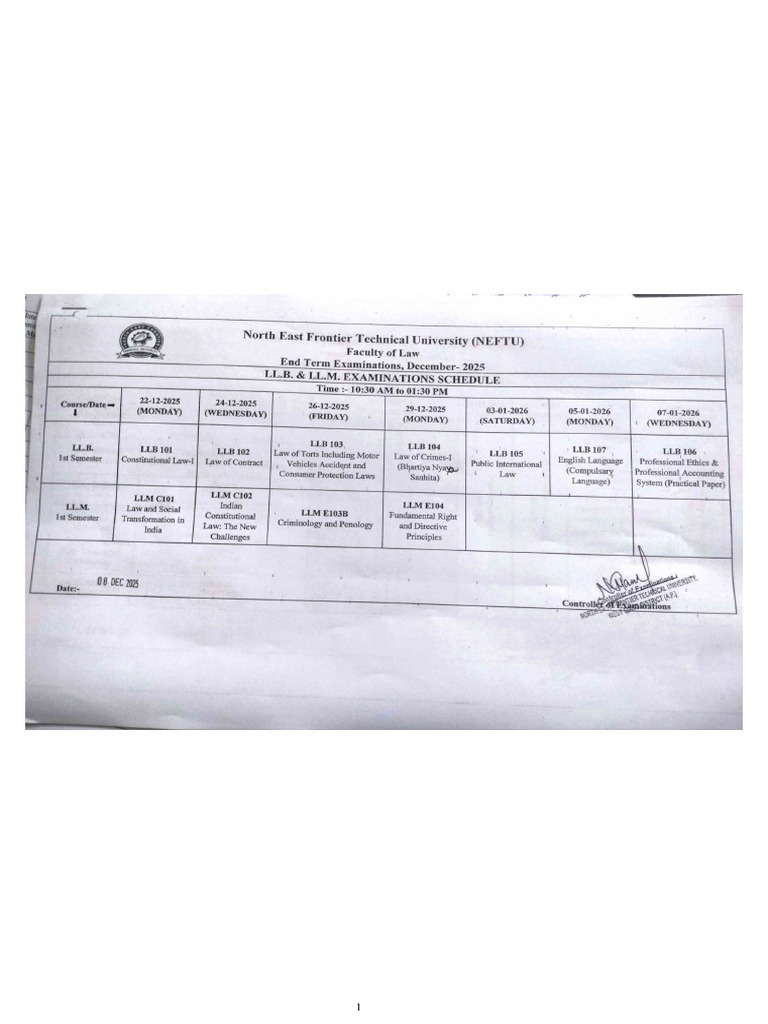 Exam Schedule LLB - I and LLM-I | PDF