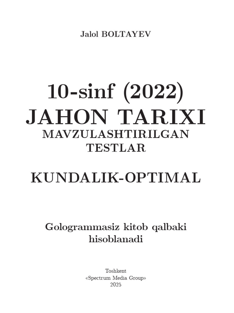 10 Jahon (2022) - Kundalik-Optimal (Jalol Boltayev) | PDF