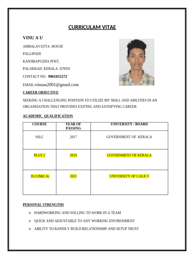 Vinu A U - Curriculum Vitae | PDF