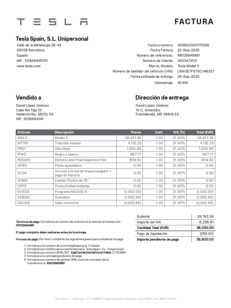 Factura Tesla Model 3 - David López | PDF | Fabricantes de vehículos de ...