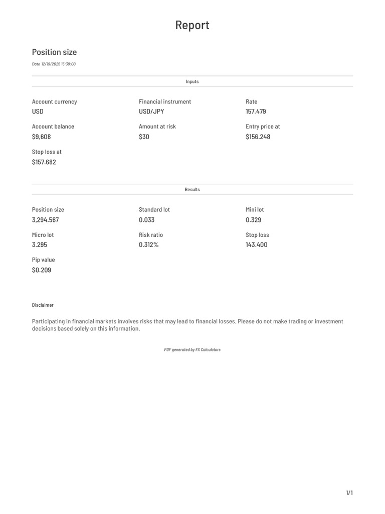 Forex Position Size Calculator Report 2025-12-19 | PDF