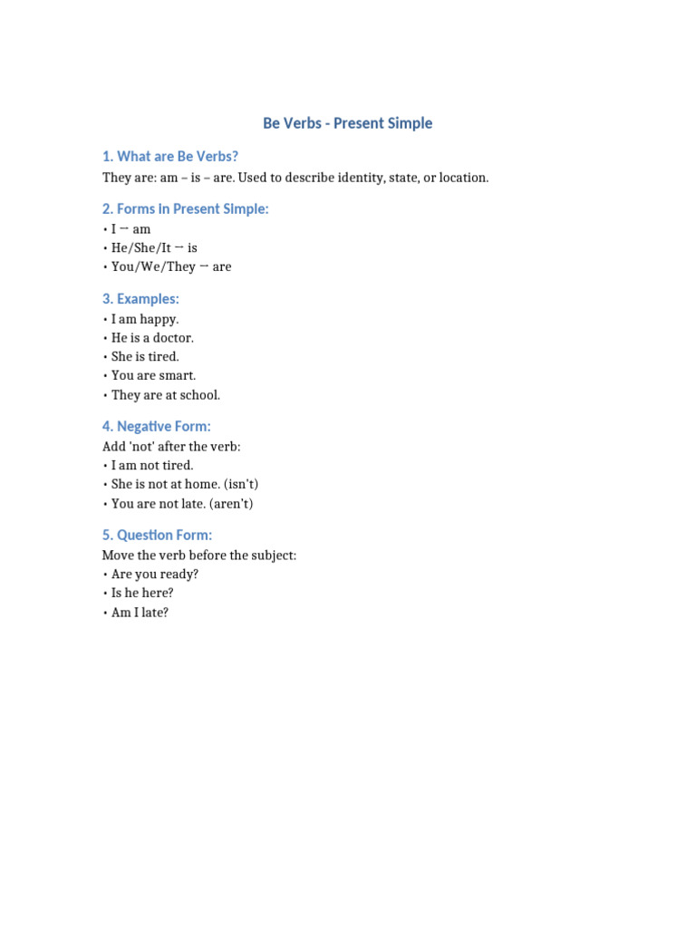 Be Verbs Present Simple | PDF