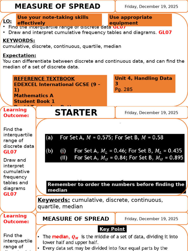 Lesson 14 - Measure of Spread | PDF | Quartile | Median