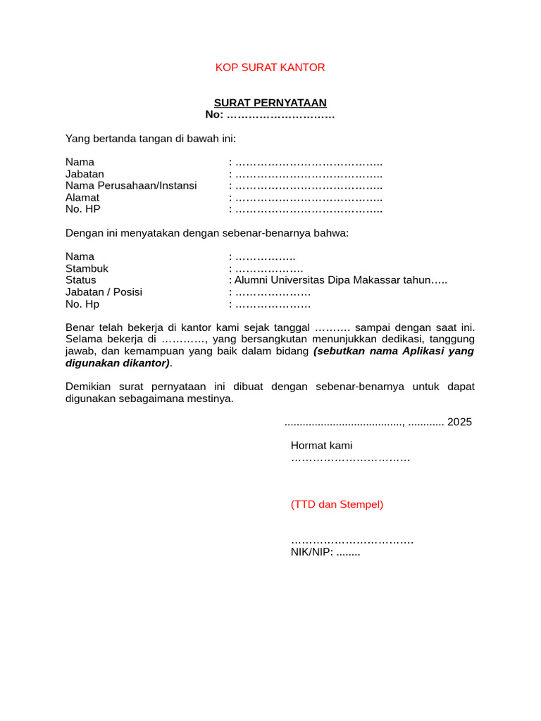 Surat Pernyataan Kerja Alumni Dipa Makassar | PDF