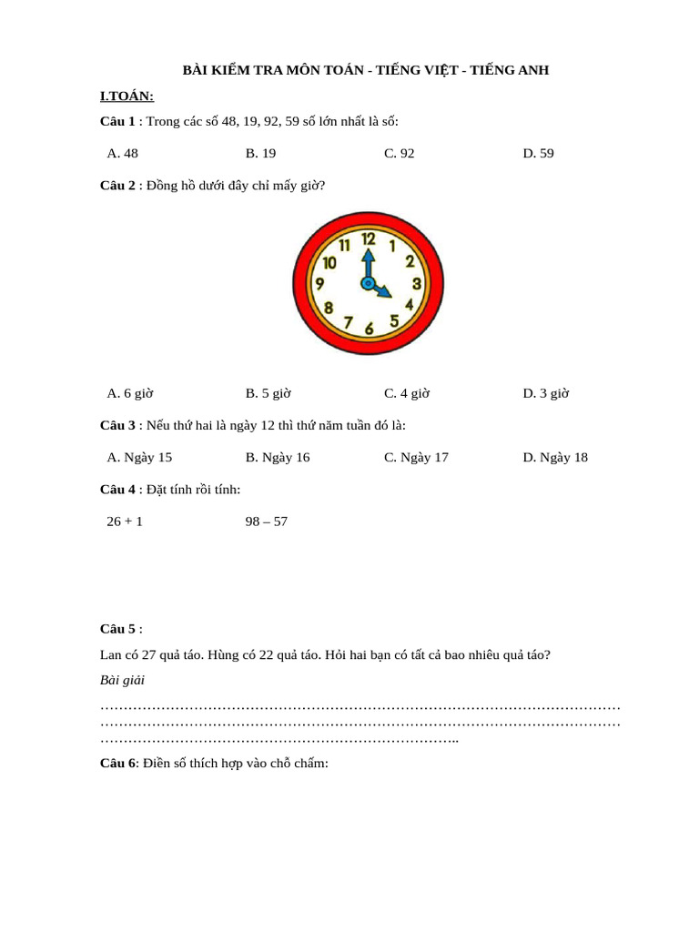Bài test hs | PDF